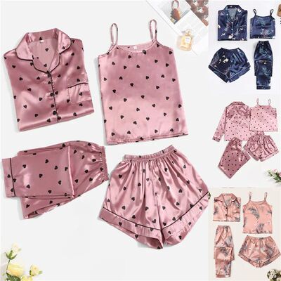 4 Pieces Sleepwear Set Pajama Set For Women Faux Silk Stain
