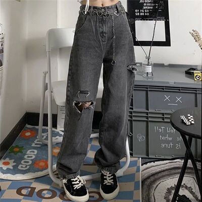Xpqbb Vintage Setwear Dark Gray Jeans Women Y2K High Waist R