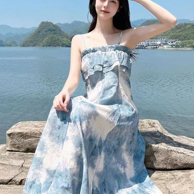 水墨画晕染吊带连衣裙女收腰显瘦小个子甜美在逃公主仙女裙子