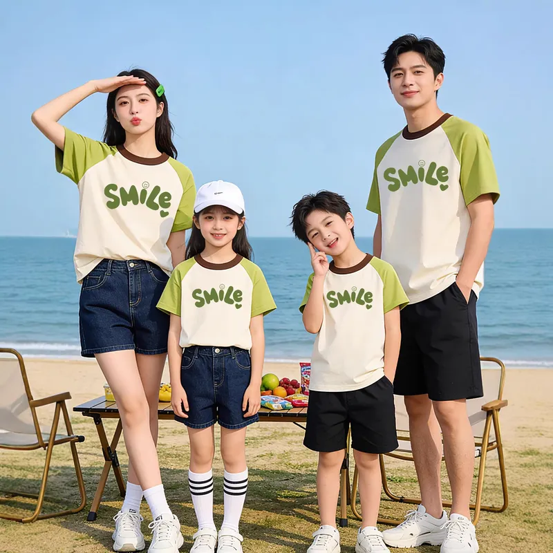 Smile撞色亲子装T恤班服夏季纯棉兄妹姐弟海边度假家庭休闲穿搭