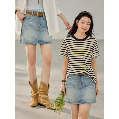 【晴岸织蓝】歌铭高腰做旧牛仔半身裙女2026夏季新款a字短裙AG087