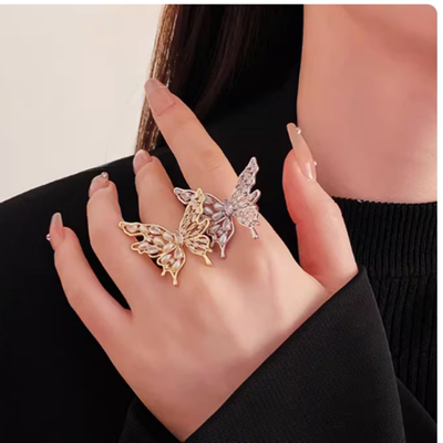 达令 银色蝴蝶仿珍珠戒指 女士高级感开口食指戒 手饰指环 非素圈