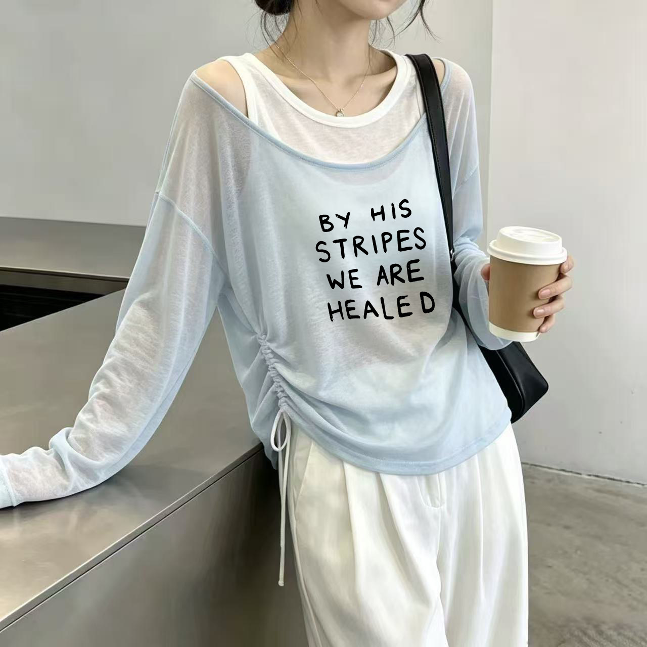 冰丝雪花棉女假两件露肩防晒罩衫圆领拼接抽绳薄款长袖打底衫