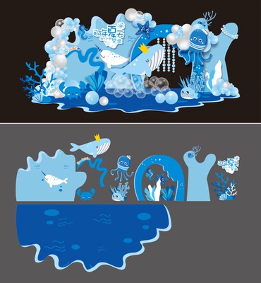 夏天蓝色海洋鲸鱼宝宝宴生日宴毕业季水上运动派对背景PSAI素材28