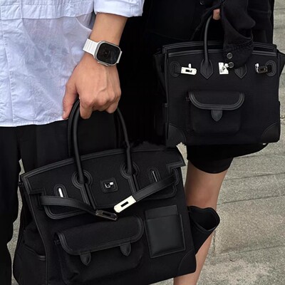 头层牛皮拼接帆布Cargo熊猫口袋款撞色铂金真皮手提单肩斜挎女包