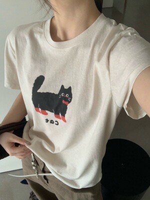 特价卡蔓enxi21333夏款韩版休闲百搭圆领猫咪印花短袖T恤女