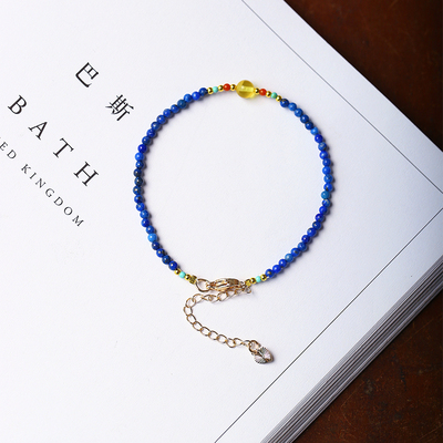 天然青金石圆珠搭配蜜蜡圆珠原创搭配款手链 女款青金石水晶饰品