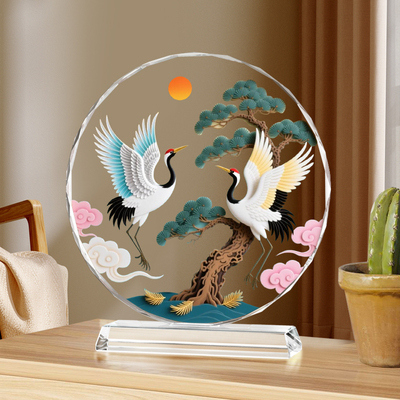 松鹤延年仙鹤画水晶摆件祝寿礼