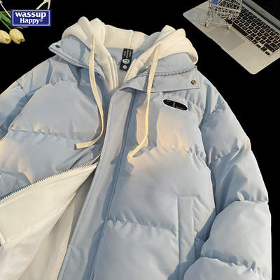 奥莱折扣新款假两件连帽羽绒棉服冬季保暖情侣青少年宽松潮牌外套