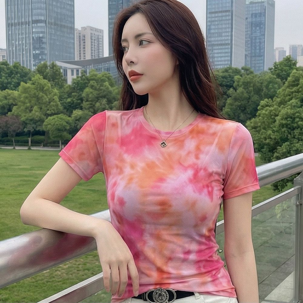 双层网纱洋气扎染网纱短袖T恤气质印花显白圆领百搭上衣修身软纱