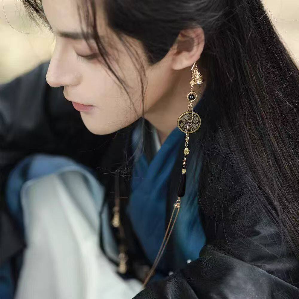 古风铜钱耳环无耳洞耳挂山鬼花钱男女汉元素流苏耳饰耳骨夹马面裙