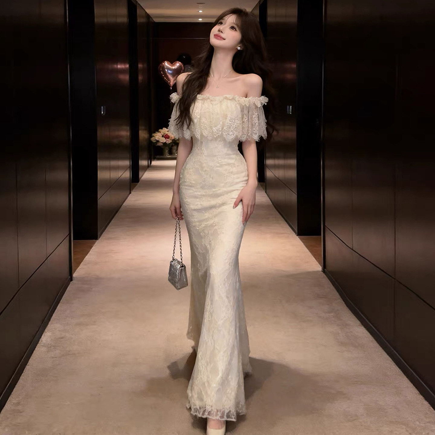 #Sisjuly#法式优雅生日party礼服 蕾丝荷叶边纯欲一字肩连衣裙女