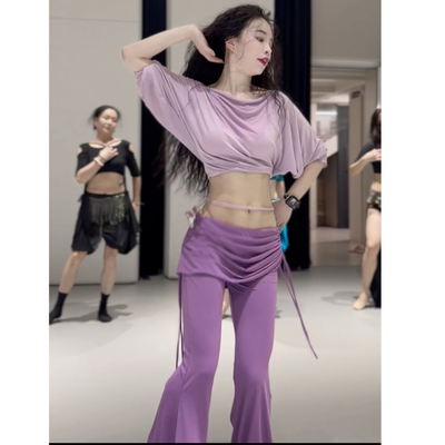 佐寒梦璐肚皮舞新款高级演出套装显瘦日常气质班服紫色撞色裤子