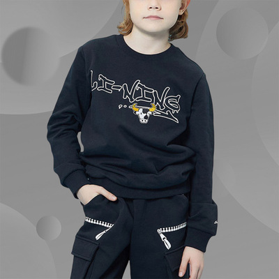 Lining/李宁正品男大童时尚运动宽松舒适印花圆领套头卫衣YWDR349