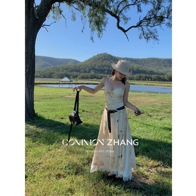 CZ ZHANG春法式蕾丝拼接吊带连衣裙女甜美花边印花A字长裙 C16211