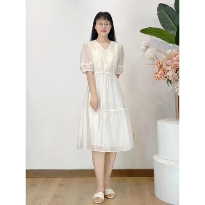 顺妍L6207夏季绣花V领天丝收腰连衣裙女