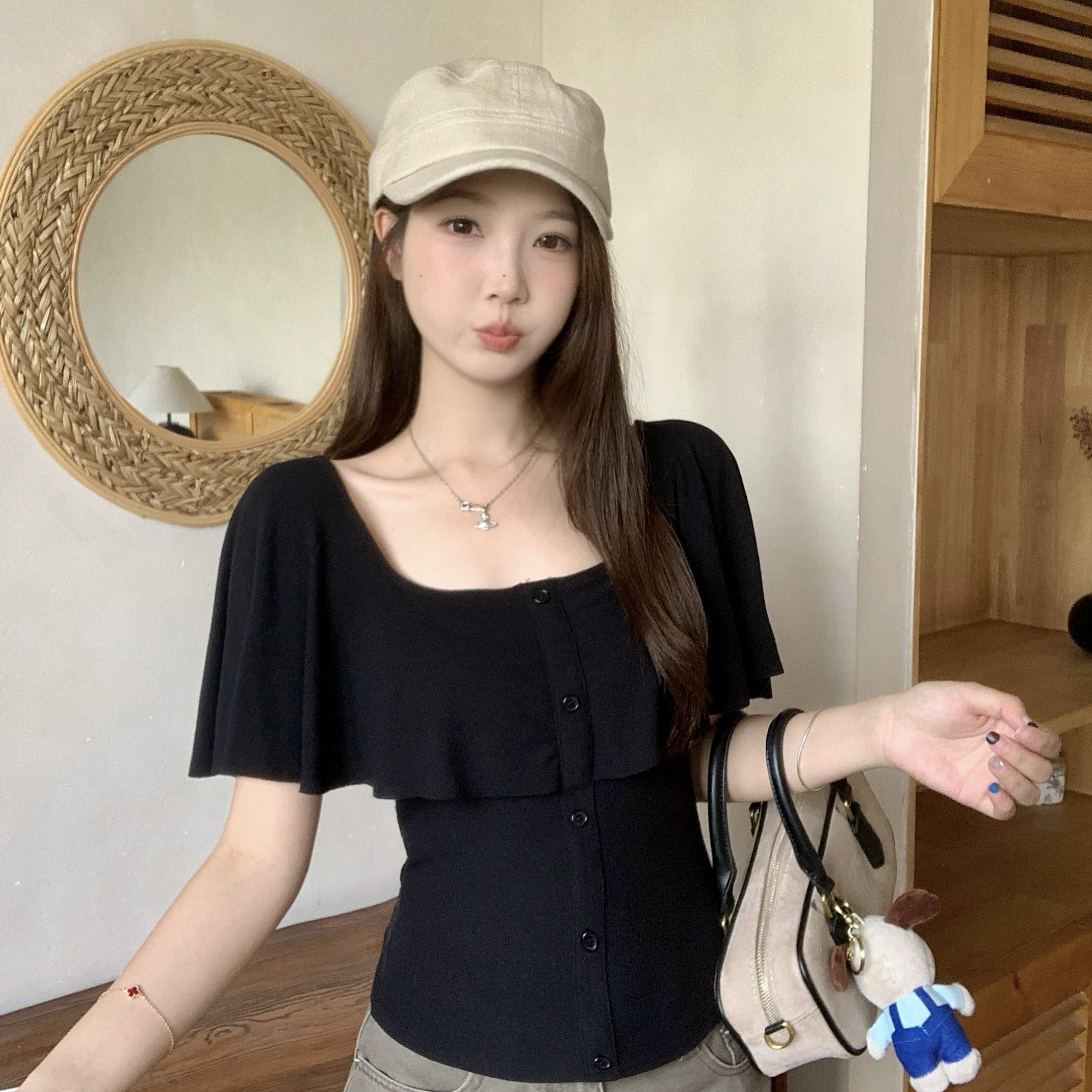 实拍 大码女装夏季温柔风荷叶边短袖T恤方领收腰显瘦一字肩上衣