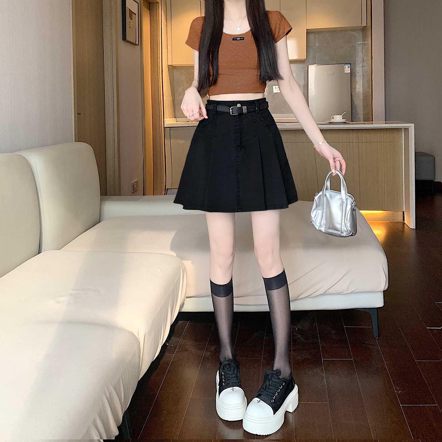 实拍百褶裙半身裙女新款高腰牛仔裙短裙A字裙包臀裙裙子半裙潮