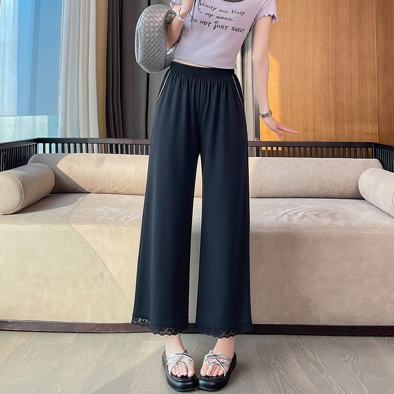 白色蕾丝边休闲裤女夏季薄款大码胖mm梨型身材显瘦冰丝弹力微喇裤
