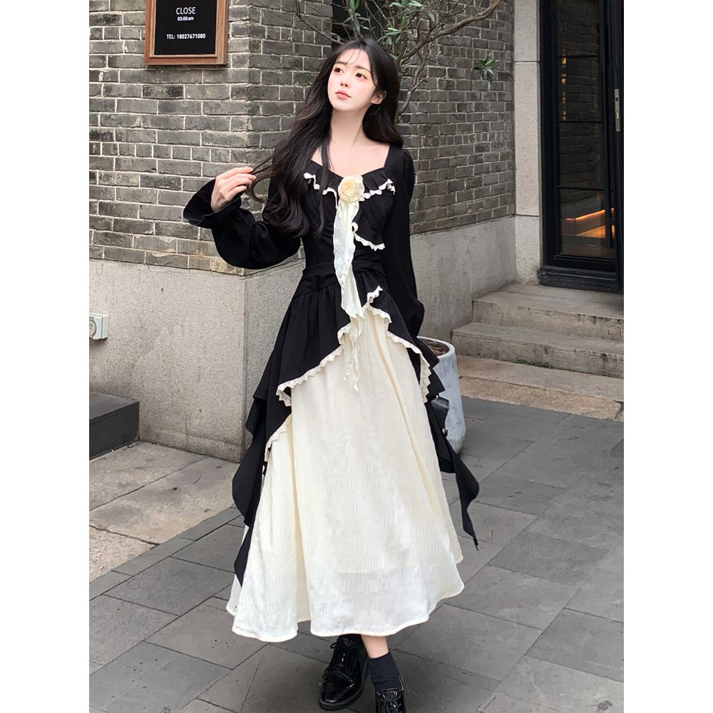 赫本风假两件拼接连衣裙女2026春季新款设计感小众假两件长裙子女