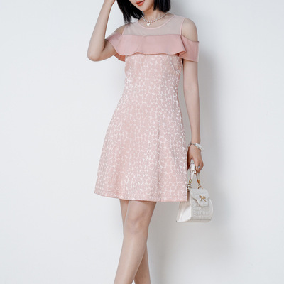 圆领仙气一字肩夏季小个子收腰A字荷叶边无袖背心连身裙小礼服