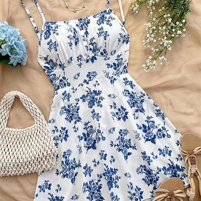 Waist floral sleeveless camisole dress收腰碎花无袖吊带连衣裙