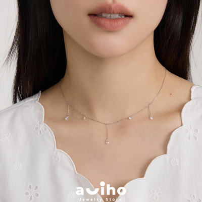 aviho落珠 s925纯银超仙闪钻水滴流苏锁骨链清冷感精致满天星项链