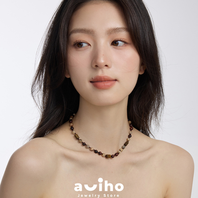 aviho 虎眼石串珠项链美拉德穿搭2025新款轻奢小众高级感锁骨链