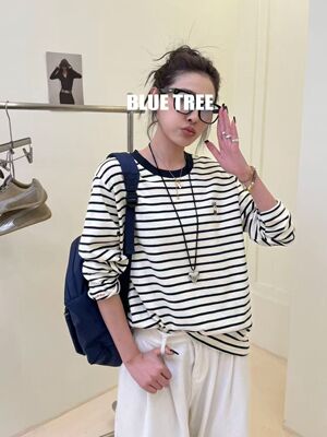 BLUETREE 2026春新款竹节棉条纹刺绣圆领长袖T恤宽松百搭上衣显瘦