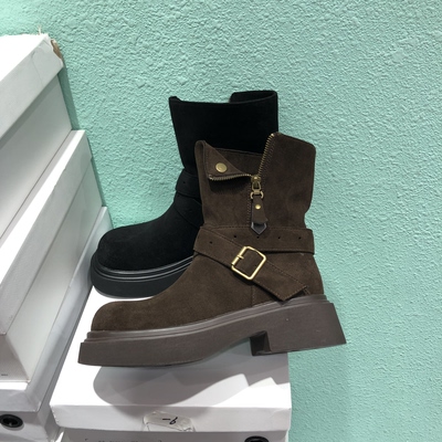 LFR小众擦色圆头时尚马丁靴女2025新款秋季爆款皮带扣西部牛仔靴