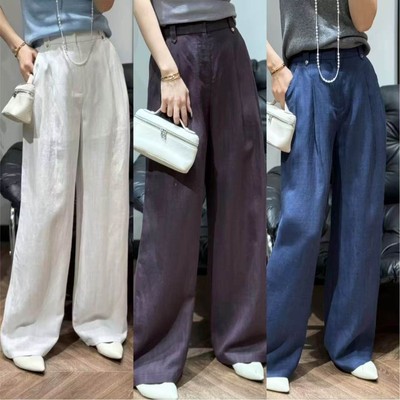 极简风高腰阔腿裤女宽松亚麻拖地长裤百搭休闲裤