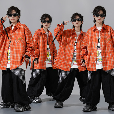 少儿童街舞演出服显眼靓丽hiphop潮服格子衬衫popping套装架子鼓