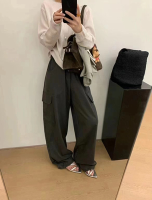 2024秋韩国VIBRANT松紧腰抽绳工装裤口袋设计秋季显瘦百搭长裤子