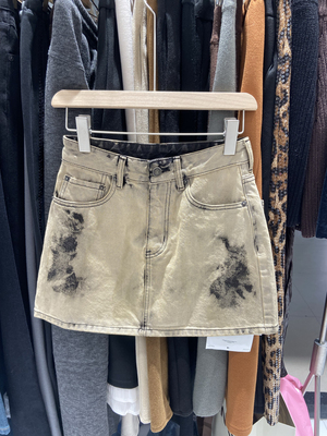 DTWO正品废土复古风渐变百搭A字水墨印花高腰牛仔短裙29163