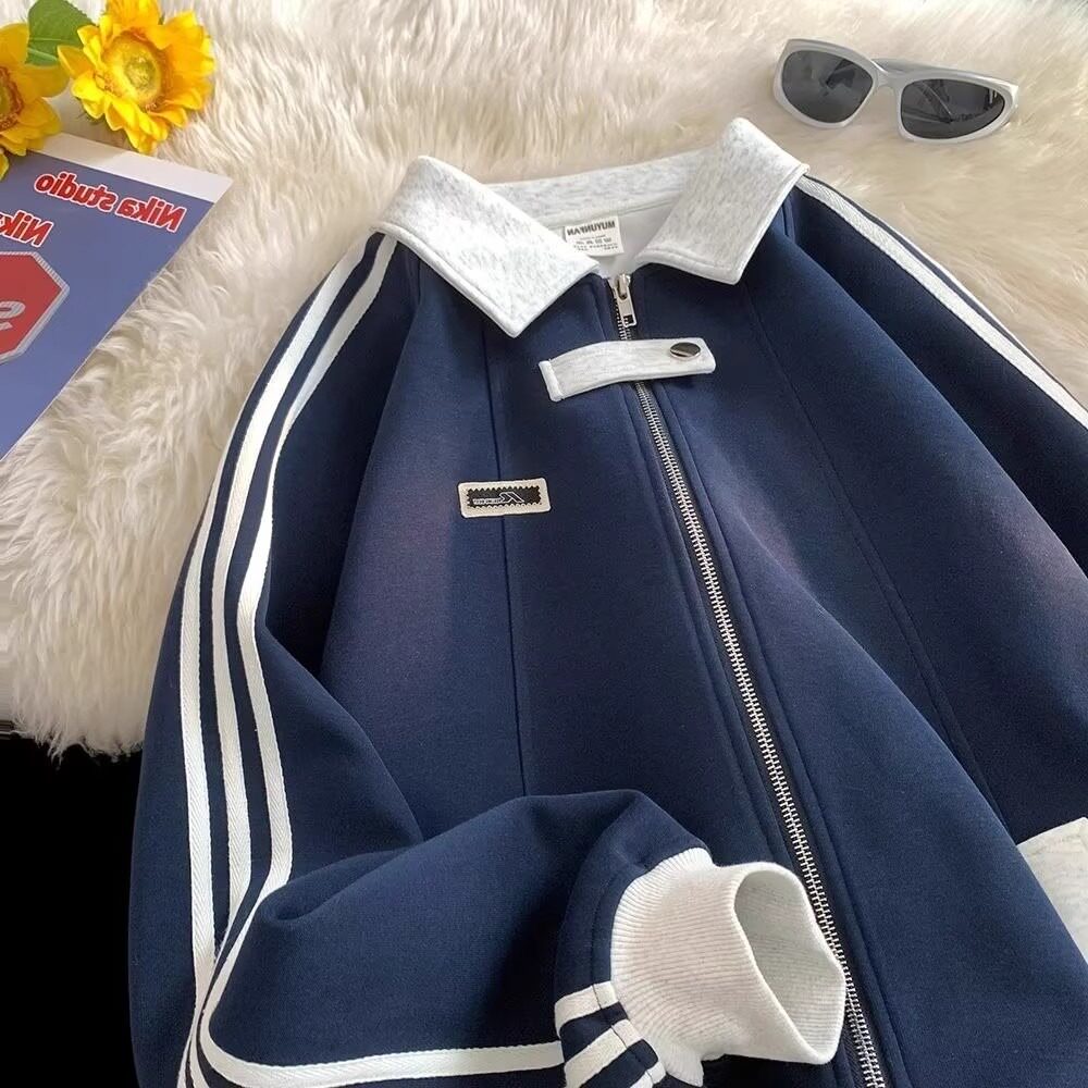 美式三条杠棒球服男秋季重磅潮牌条纹运动夹克青少年拼接外套日系