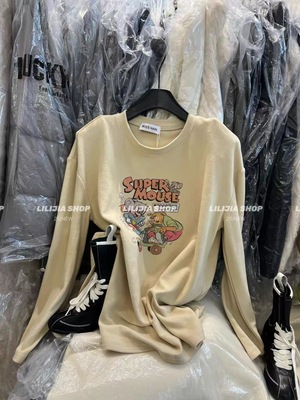 2025秋冬韩版时尚百搭宽松加绒加厚卡通开衩印花长袖T恤女