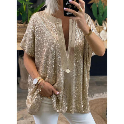 women's Loose sequined collar short sleeved casual shirt top