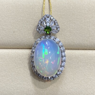 天然彩欧泊吊坠火欧泊项链s925银炫彩蛋白石锁骨项链吊坠毛衣坠