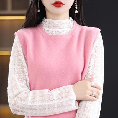 MT秋冬气质-8096,2023春款新款纯羊毛马甲花边圆领针织背心马夹