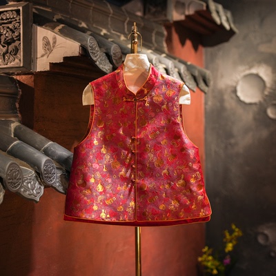 蓝大新中式立领大码红色宋锦马甲