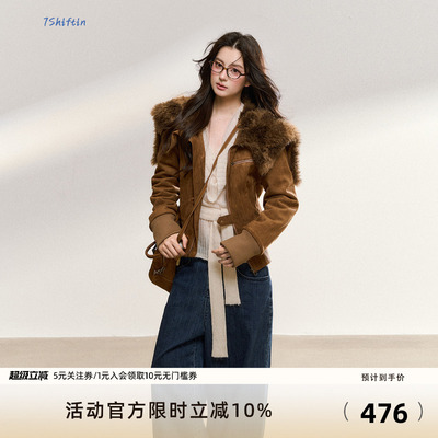 7Shiftin 原创秋冬款美拉德毛领拼接麂皮绒外套修身短款夹克外衣
