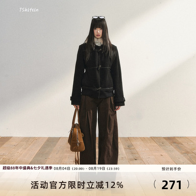 7Shiftin原创设计垂坠感宽松棕色休闲裤秋冬新款高腰百搭直筒长裤