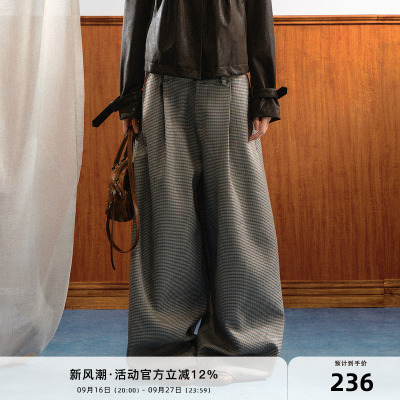 7Shiftin 原创设计复古松弛长裤英伦风格纹休闲裤百搭通勤阔腿裤