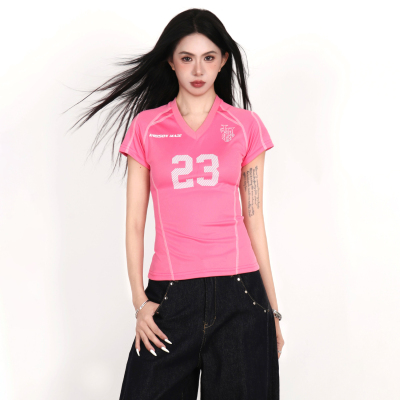 INGA美式复古正肩球衣短袖T恤女夏季泽西风v领运动修身辣妹上衣潮