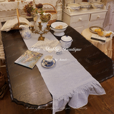 法式复古蓝色格子棉麻桌布桌旗