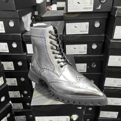 美国轻奢品牌O牛皮英伦风系带女靴4053银色