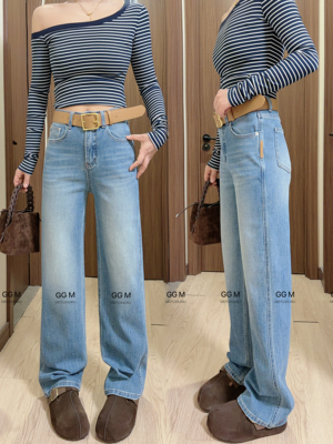 十米田58721蓝色直筒四面弹牛仔裤女2026年春季显瘦窄窄拖地裤子