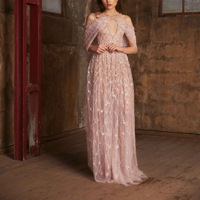 Tony Ward 肉粉色手工钉珠披肩遮手臂显瘦生日订婚晚礼服敬酒服