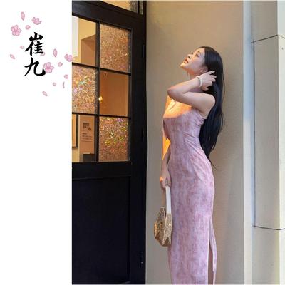 EACH崔九【公主假日】新中式改良旗袍优雅粉色少女挂脖连衣裙长裙