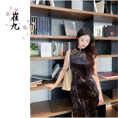 EACH崔九黑色显瘦中式连衣裙